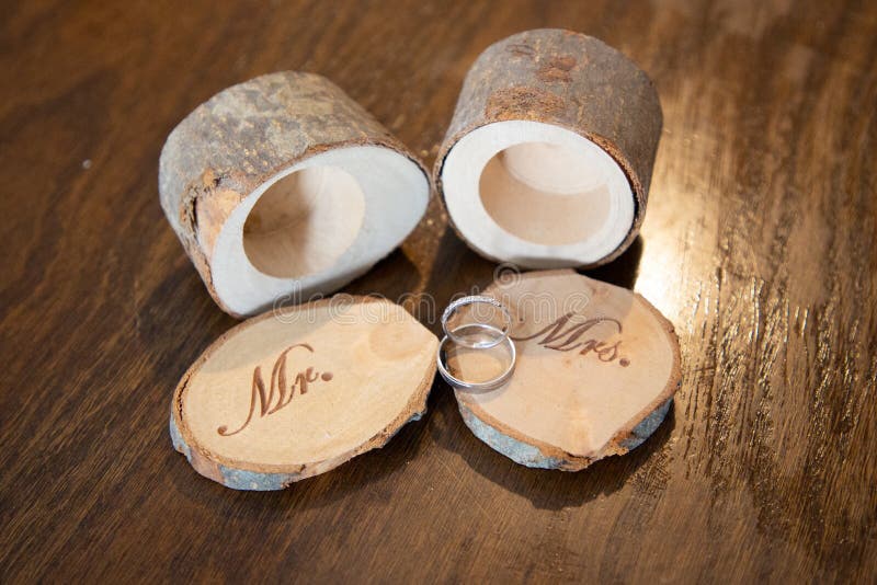 Wedding Rings on Tree Branch Boxes Open Decoration on Wooden Table ...