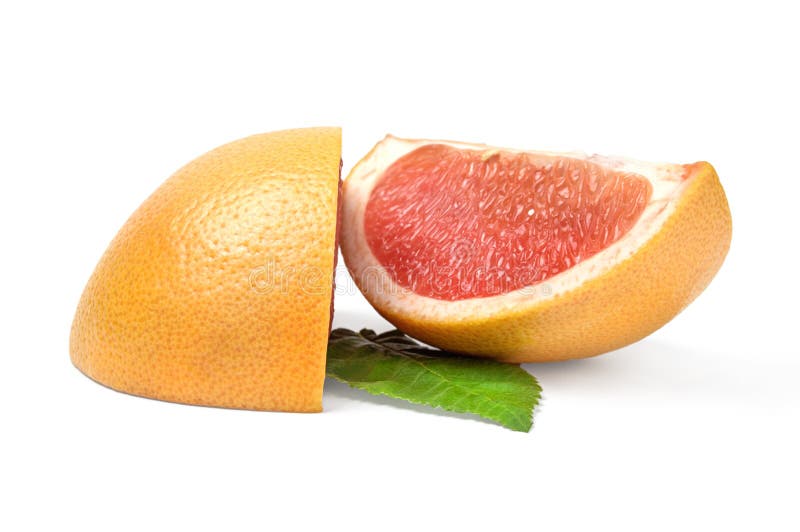 Two Wedges of Grapefruit on White Background with Green Leaf Stock ...