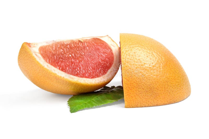 Two Wedges of Grapefruit on White Background with Green Leaf Stock ...
