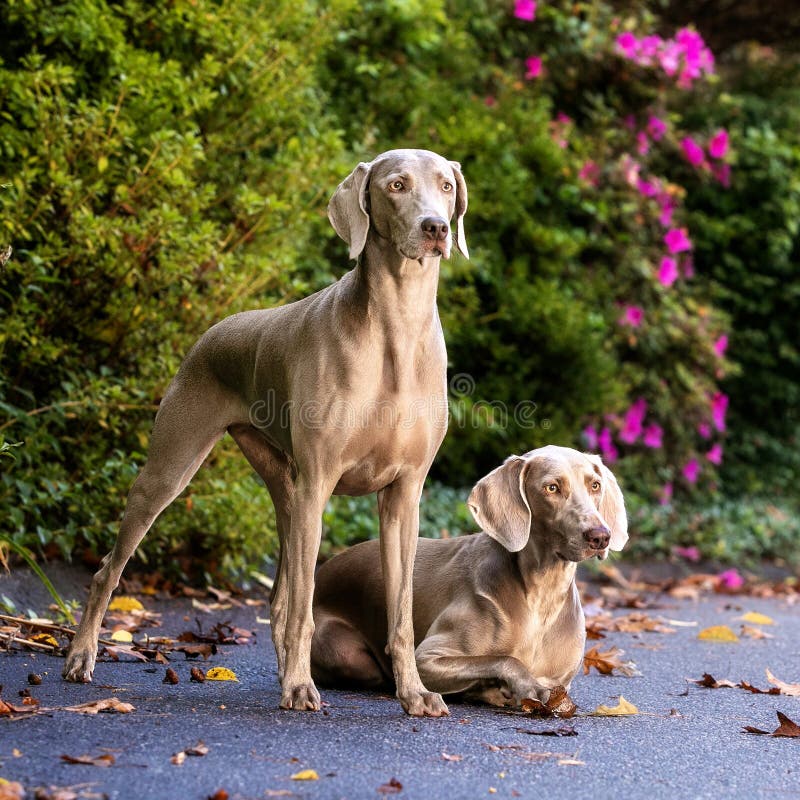 Two Weimaraners Posing Looking Away from Camera in Same Direction Stock ...