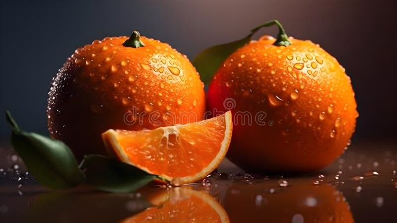 Two Wet Orange Fruit and Some Leaf with a Cut of Orange Fruit ...