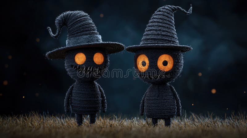 Two Whimsical Characters in Black Hats Spooky and Fun with Glowing Eyes ...
