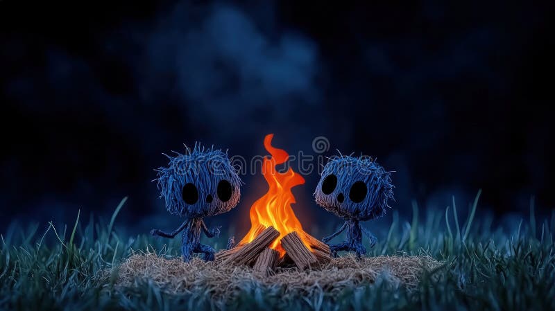 Two Whimsical Characters Sitting by a Campfire Under a Starry Night Sky ...