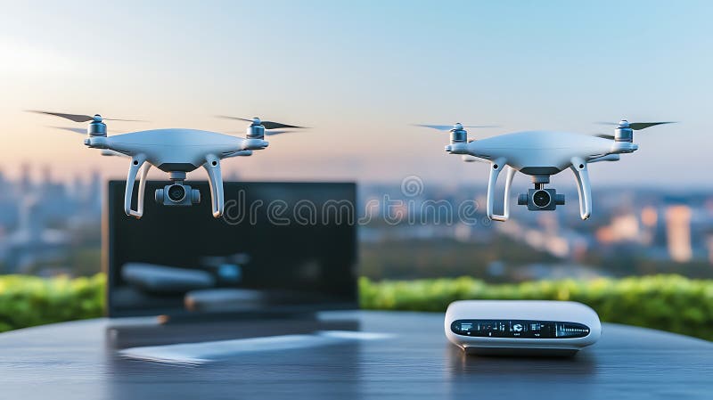 Two White Aerial Drones Hover Above a Table with Devices Stock ...