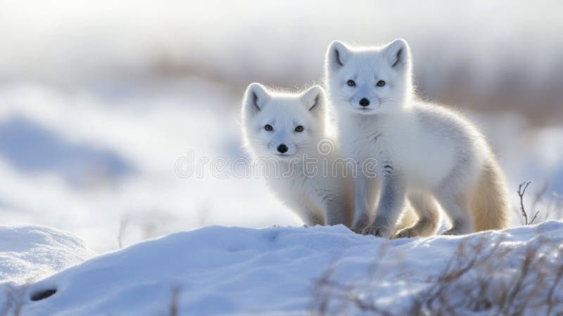 Two White Arctic Fox Kits in Snowy Landscape Stock Illustration - Illustration of animals ...