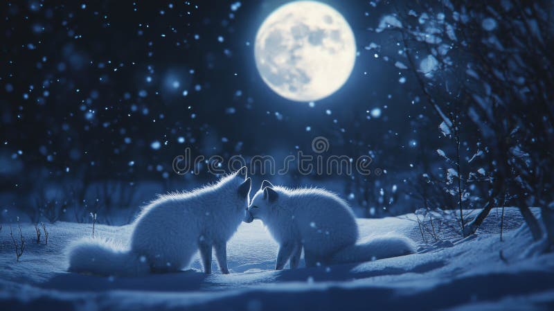 Two White Arctic Foxes Snuggling Under a Full Moon in a Snowy Landscape ...