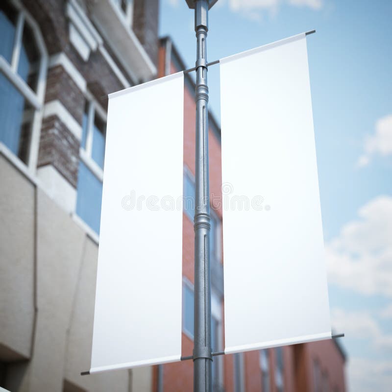 Two White Banner Flags Near the Classic Building. Stock Image - Image ...