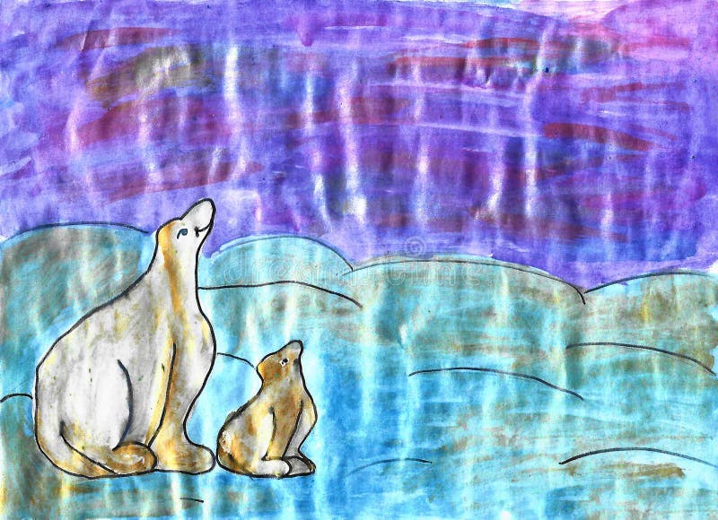 Two White Bears, Child Watercolor Drawing Stock Illustration ...