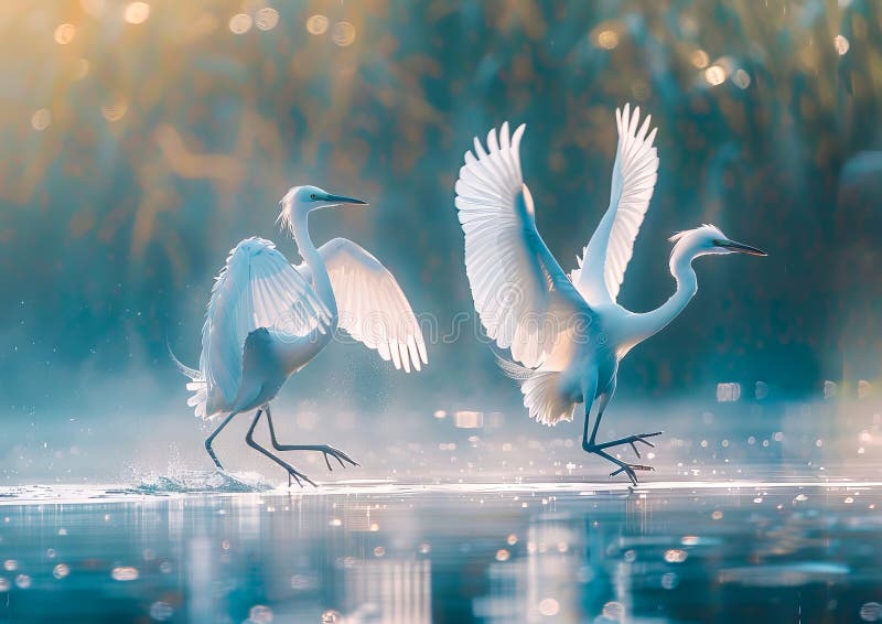 Two White Birds are Dancing in the Water Stock Image - Image of bird ...