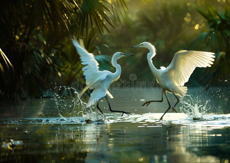 Two White Birds are Standing in the Water Stock Photo - Image of couple ...