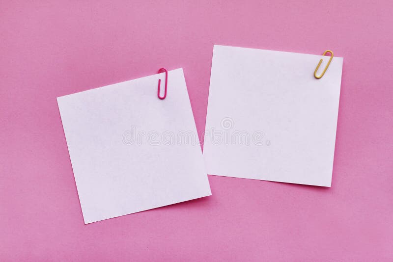 Two White Blank Note Papers with Clips on Bright Pink Background Stock ...