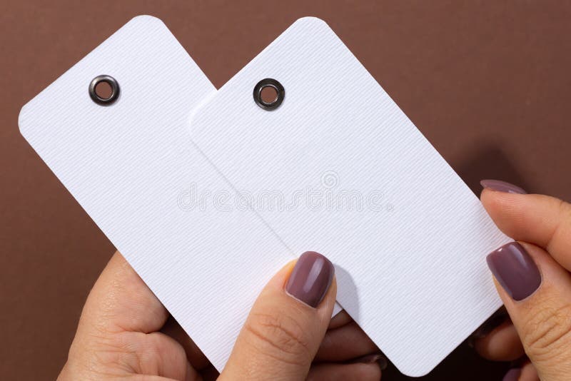 Two White Blank Tags of Rectangular Shape Made of Cardboard with Small ...