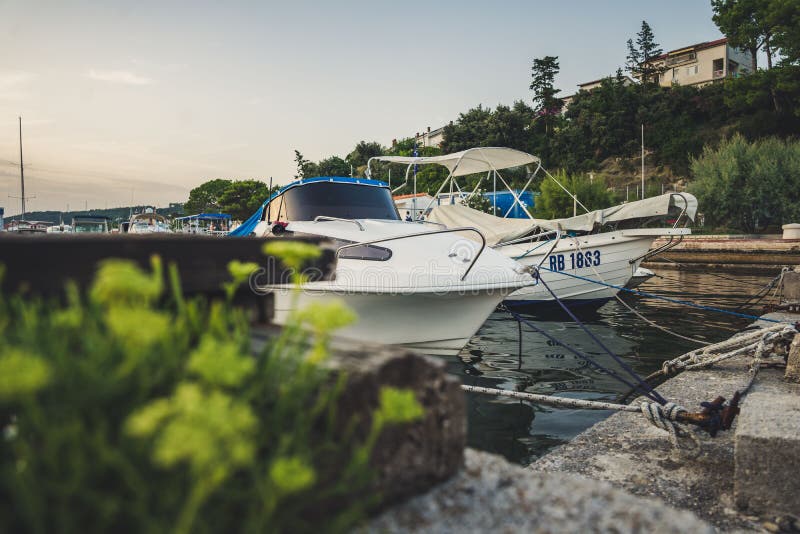 White Boats Harbored in a Dock on the Island of Rab, Croatia Editorial ...