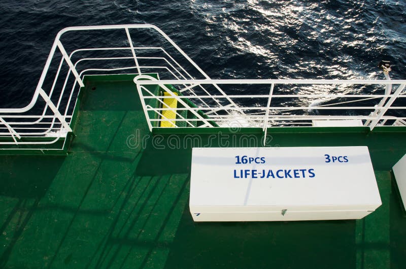 Two White Boxes with Life Jackets on Deck of Passenger Ship Stock Photo ...