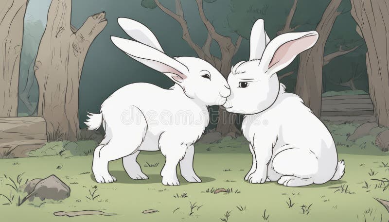 Two White Bunnies in a Forest Stock Illustration - Illustration of cute ...