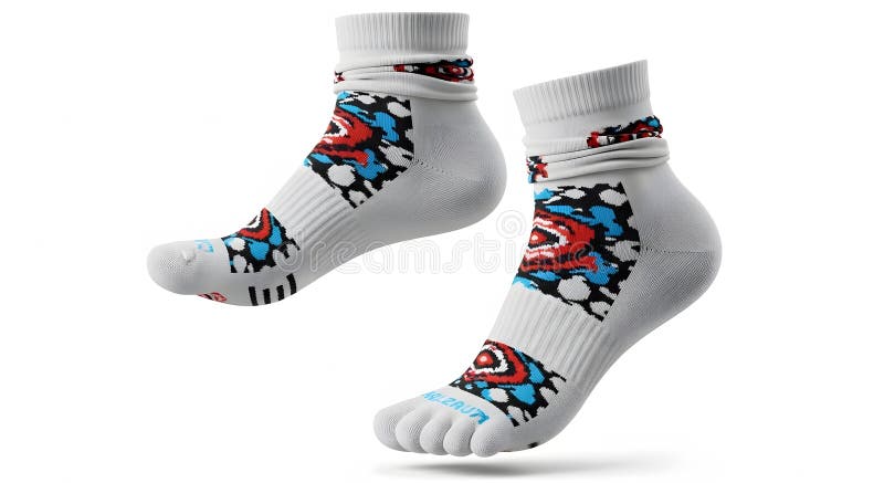 Two White Casual Socks with Vibrant Abstract Patterns, Showcased on a ...