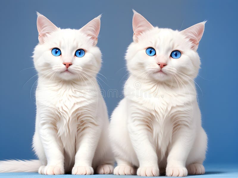 Two White Cats with Blue Eyes on a Blue Background. Stock Photo - Image ...
