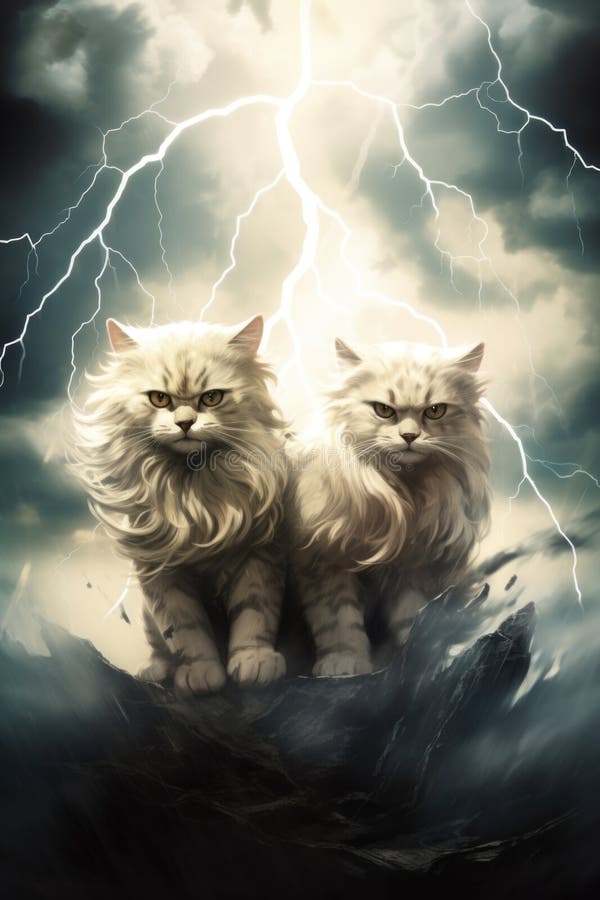 Two White Cats Sitting on Top of a Rock Under a Lightning Storm Stock ...