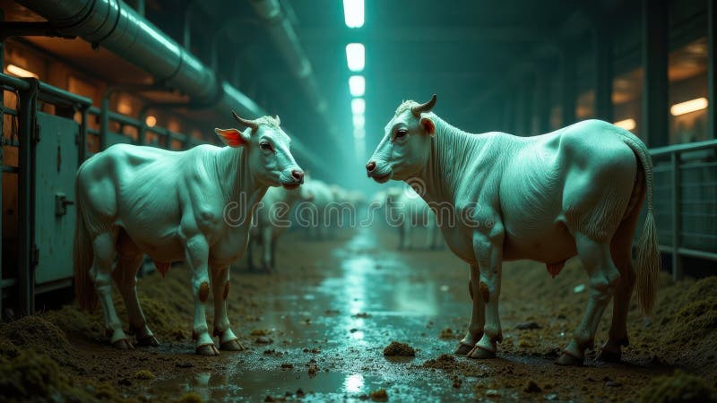Two White Cattle Facing Each Other in a Modern Barn Setting at Night ...
