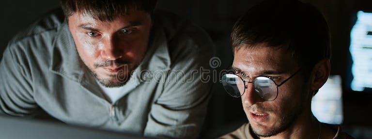 Two White Caucasian Male Software Developers Work Together on Program ...