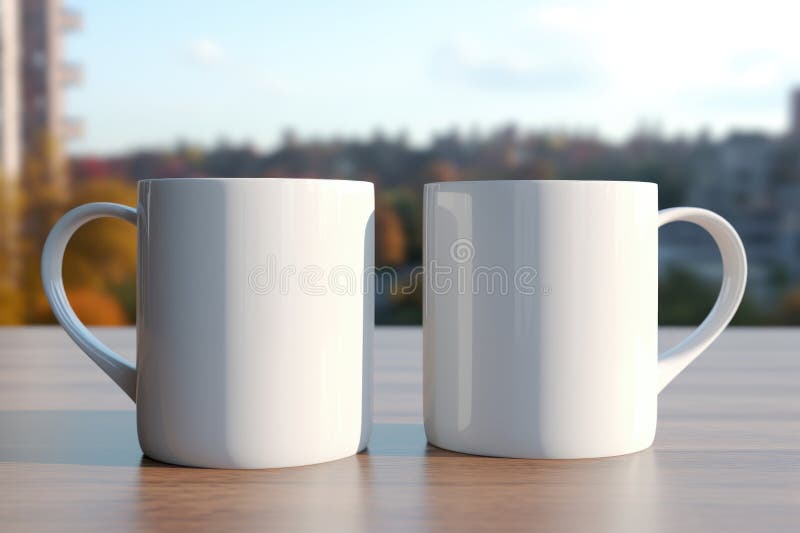 Two White Ceramic Mugs on Wooden Table Stock Illustration ...
