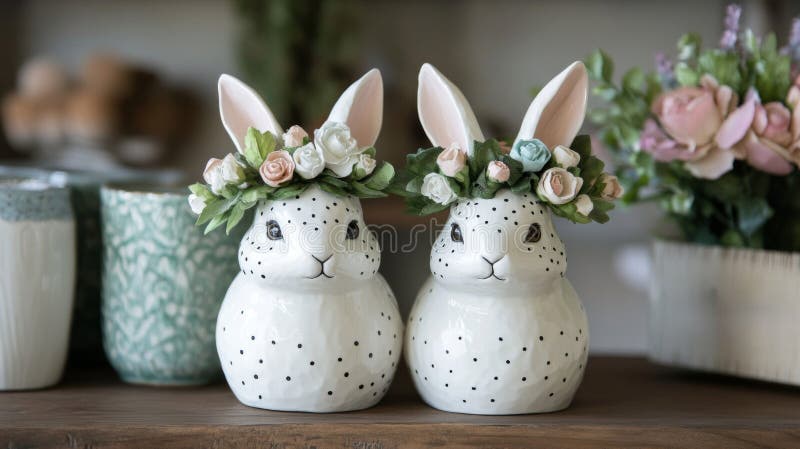 Two White Ceramic Rabbits with Floral Crowns Stock Illustration ...