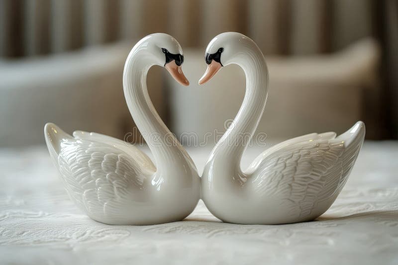 Two White Ceramic Swan Figurines Forming a Heart Shape, Symbolizing ...
