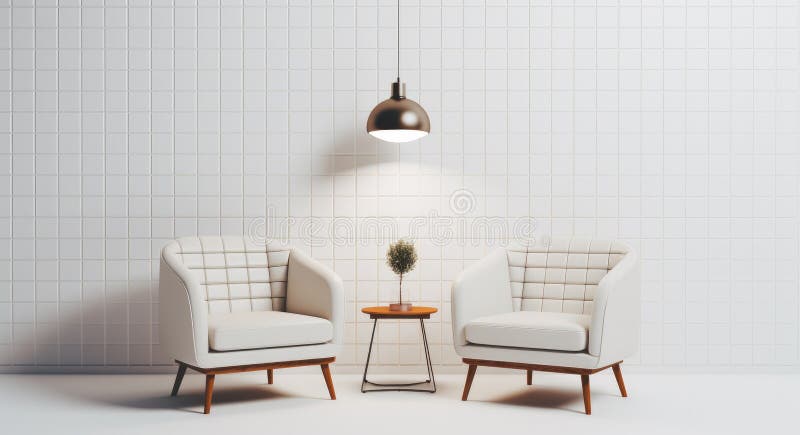 Two White Chairs and Lamp in a Room with White Walls Stock Illustration ...