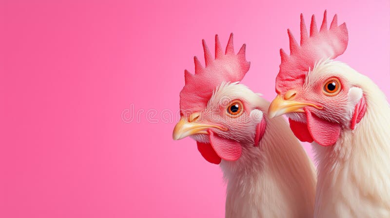 Two White Chickens with Vibrant Combs Against a Bright Pink Background ...