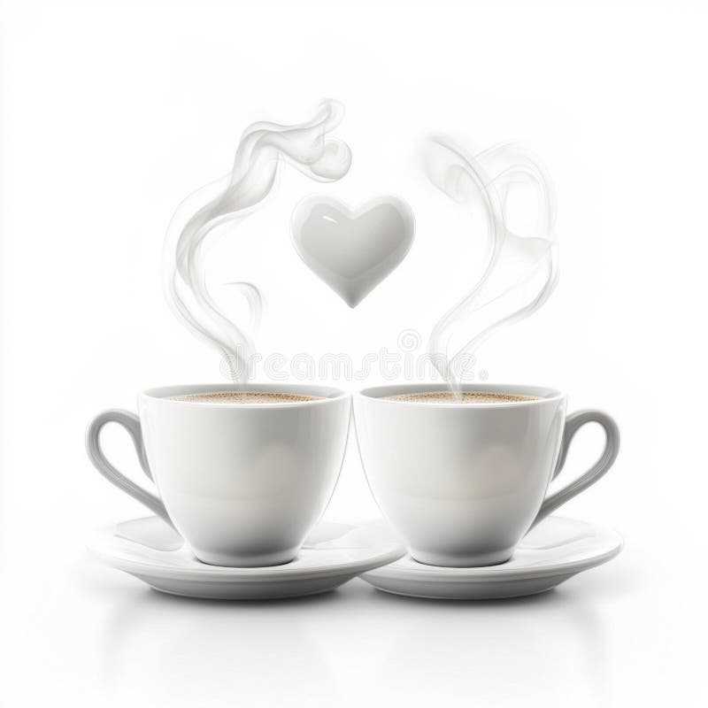 Two White Coffee Cups with Steam Forming Heart Shape on Light ...
