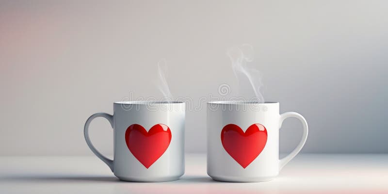 Two White Coffee Mugs with Red Hearts Valentines Day. Stock Photo ...