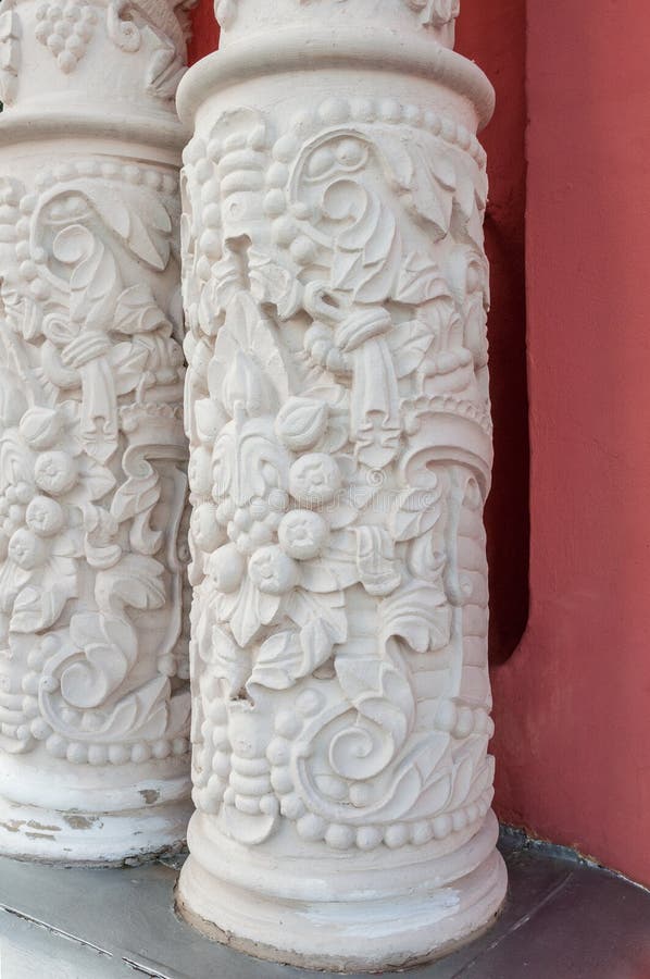 Two White Columns with Bas-reliefs in the Form of Plants Stock Photo ...