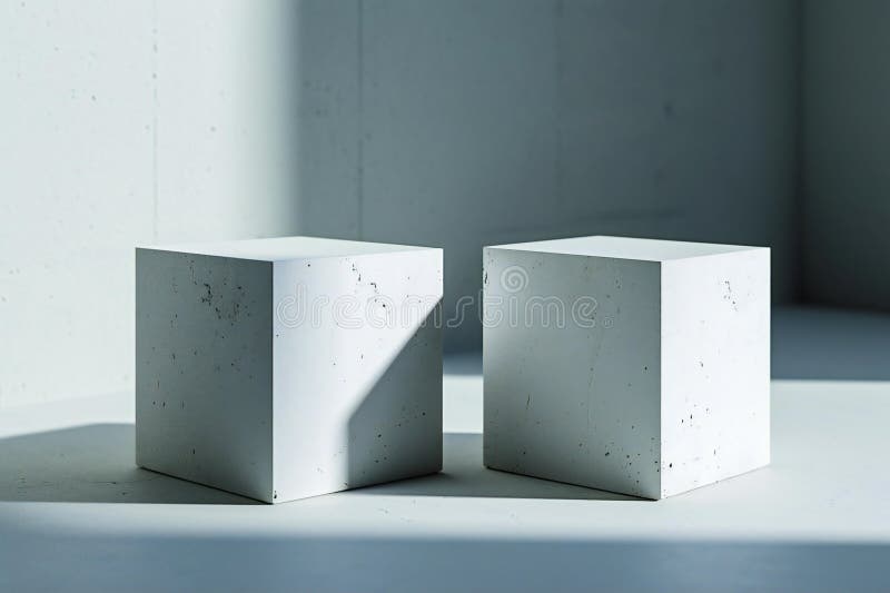 Two White Concrete Cube Stand on Concrete Floor and Shadow on the Wall ...