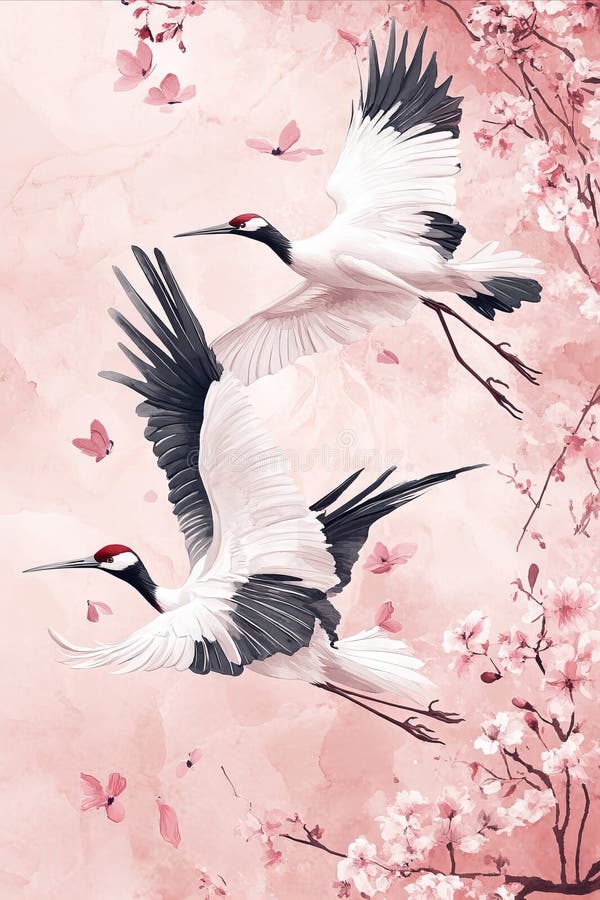Two White Cranes Fly in a Pink Sky with Cherry Blossoms Stock ...