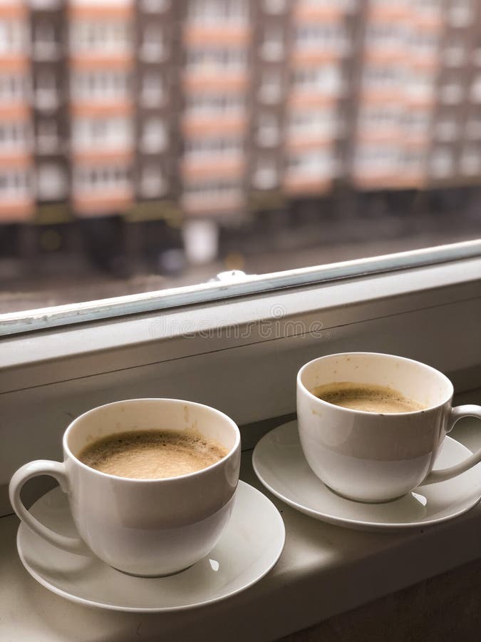 Two Cups of Coffee and a Croissant on a Plate Stock Image - Image of ...