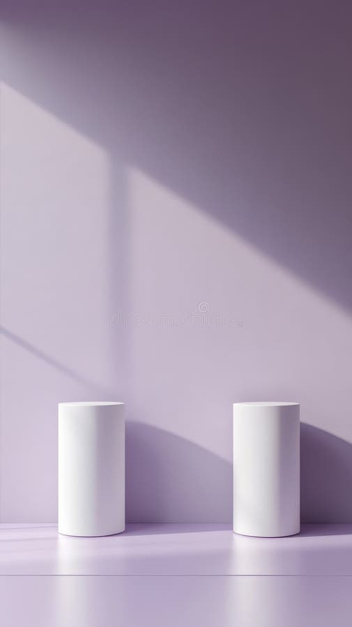 Two White Cylindrical Objects on a Purple Surface with Light and Shadow ...