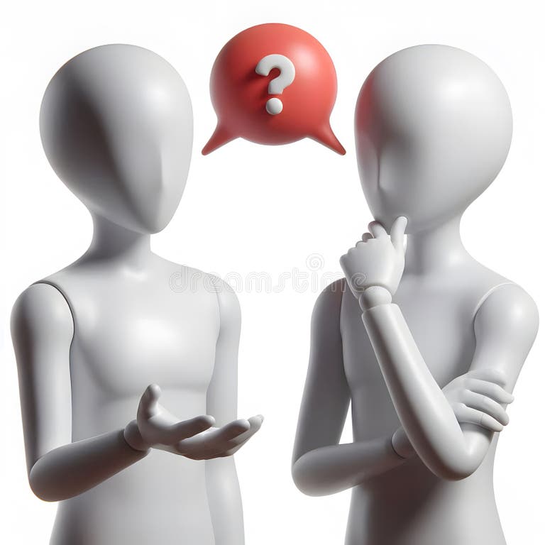 Two White 3D Figures Engage in Conversation, with a Red Question Mark ...