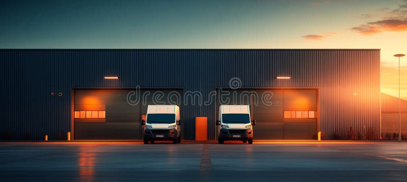 Two White Delivery Vans Parked in Front of a Modern Warehouse at Sunset ...