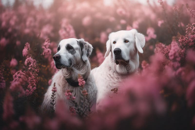 Two White Dogs are Sitting in a Field of Pink Flowers Stock ...