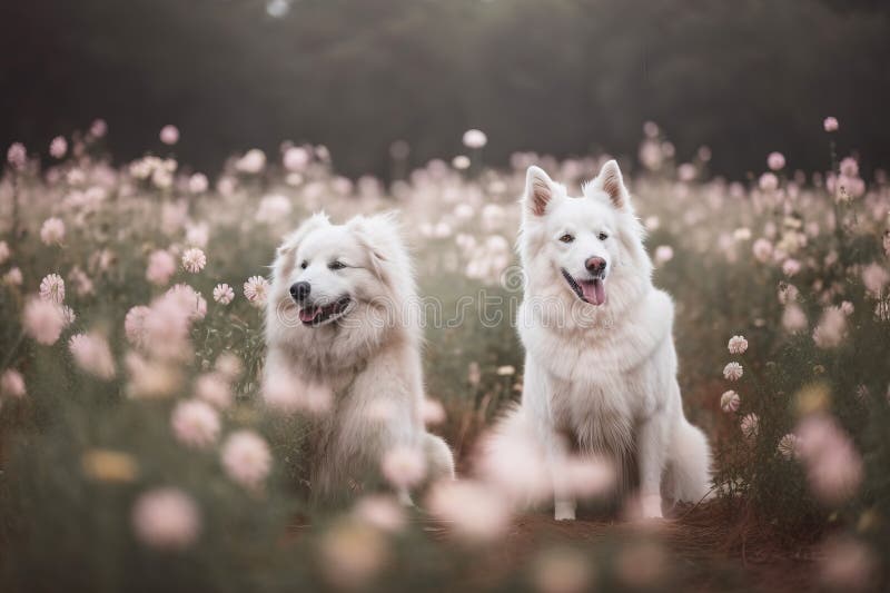 Two White Dogs are Sitting in a Field of Pink Flowers Stock ...