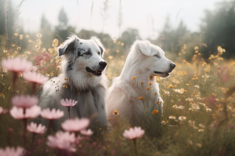Two White Dogs Sitting in a Field of Wildflowers Stock Illustration ...
