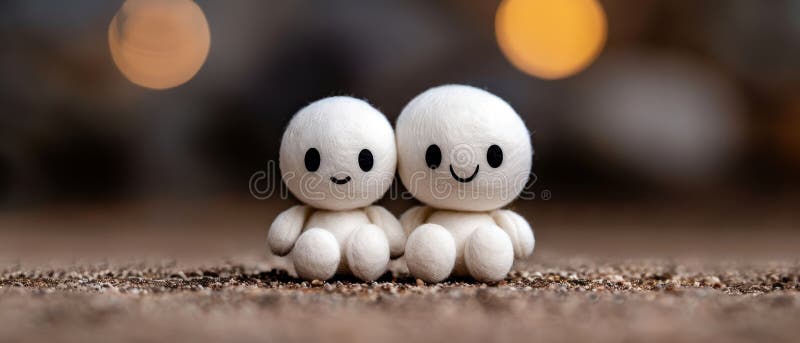 Two White Dolls Seated Together on a Brown Texture, Background Featuring Indistinct Lights Stock ...