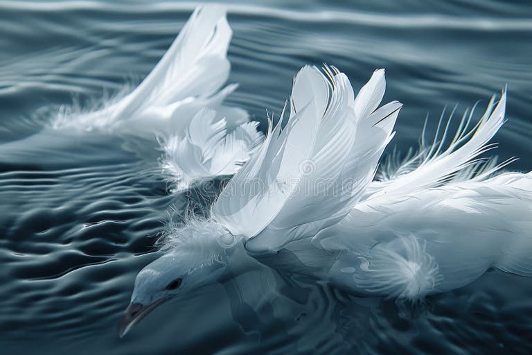 Two White Doves with Feathers Floating Gently in Water, Feathers ...
