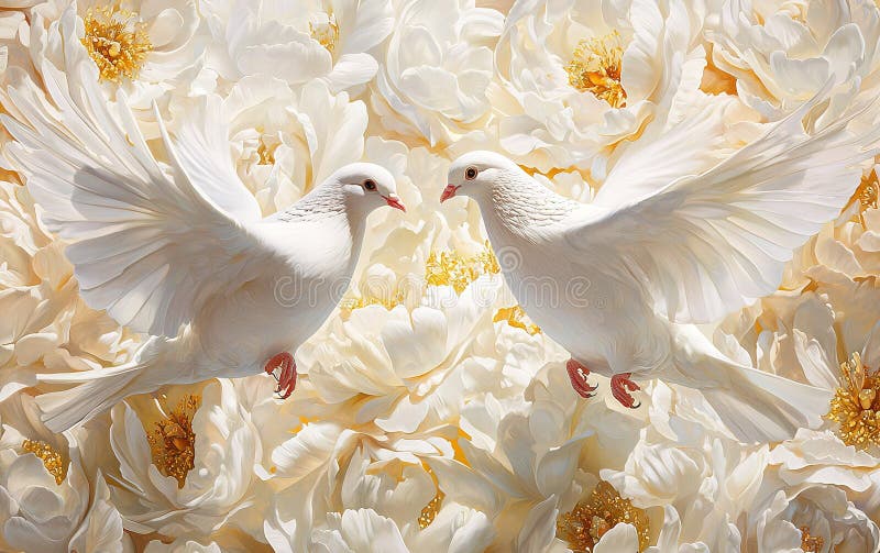 Two White Doves in Mid-flight among a Backdrop of Soft White Peonies ...