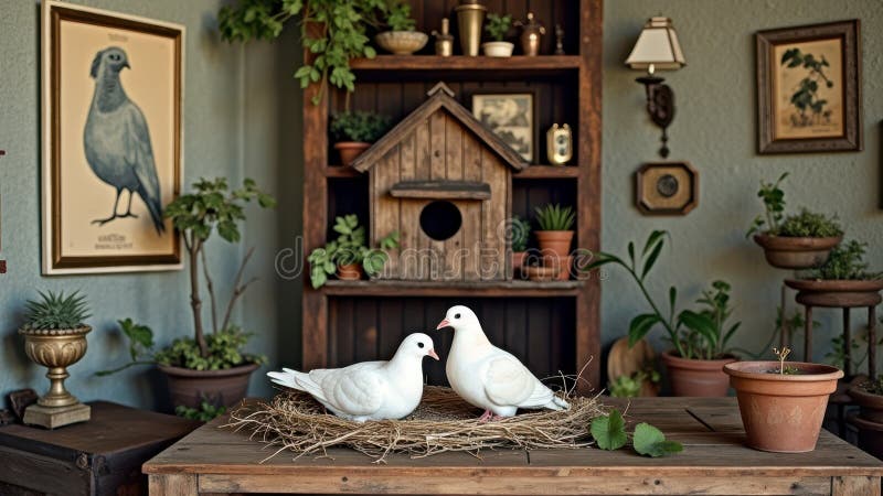 Two White Doves Nesting on Rustic Table Surrounded by Indoor Plants and ...