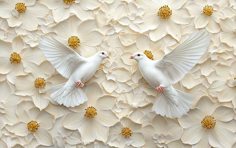 Two White Doves Perched Elegantly Amidst an Intricate Floral Backdrop ...