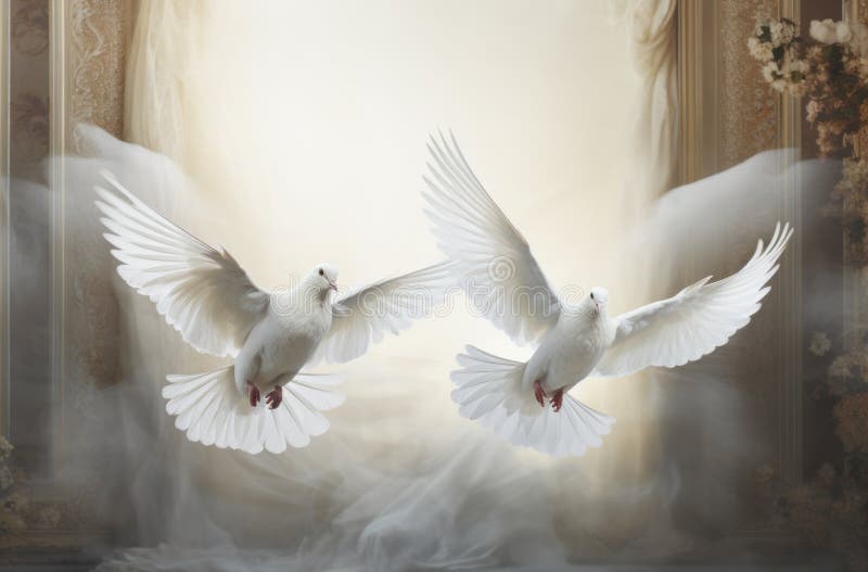 Two White Doves Soaring through the Sky Stock Photo - Image of animal ...