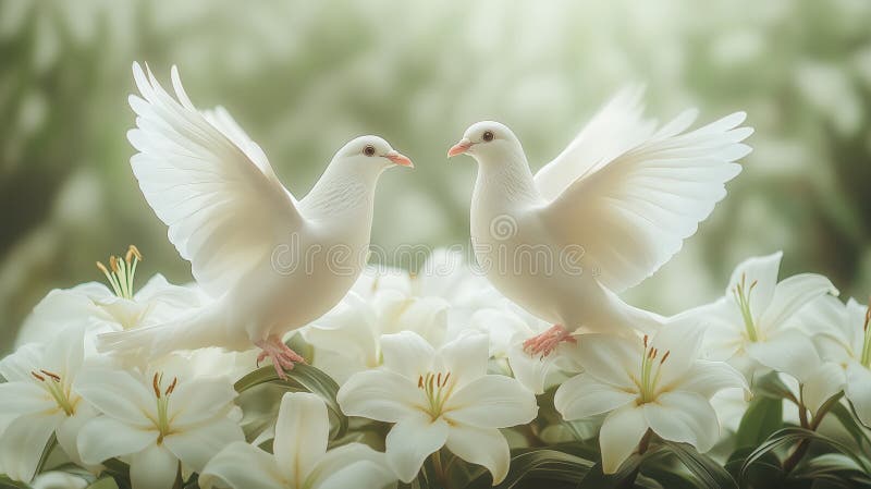 Two White Doves with Wings Spread, Standing among White Lilies Stock ...