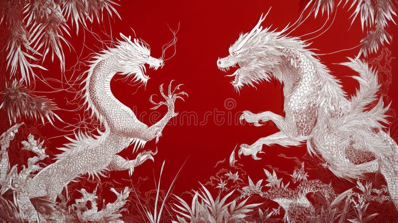 Two White Dragons Facing Each Other on Red Background Stock ...
