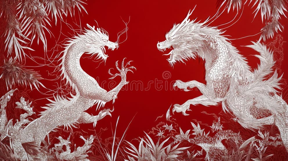 Two White Dragons Facing Each Other on Red Background Stock ...